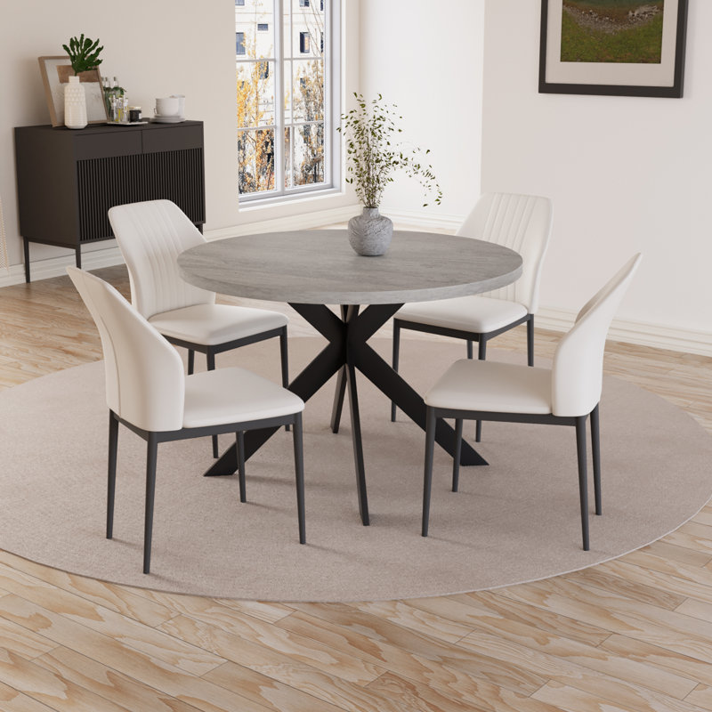 Cappelletti 47.2 Round Dining Table Set Modern Kitchen Table for 4 6 Person Steel Legs 1 Table 4 Chairs Latitude Run Chair Color White